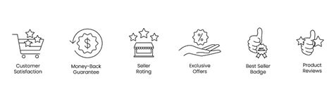 고객 만족 및 전자 상거래를 위한 필수 벡터 아이콘으로 환불 보장 판매자 평가 독점 제안 베스트 셀러 배지 및 제품 리뷰를 제공합니다 독점에 대한 스톡 벡터 아트 및 기타