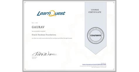 Completion Certificate For Oracle Database Foundations Gaurav