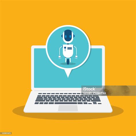 랩톱 컴퓨터를 사용하여 채팅 봇 웹 사이트 또는 모바일 응용 프로그램의 로봇 가상 지원 음성 지원 서비스 봇 온라인 지원 봇 벡터 그림입니다 가상현실에 대한 스톡 벡터 아트