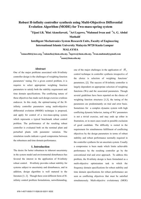 Pdf Robust H Infinity Controller Synthesis Using Multi Objectives