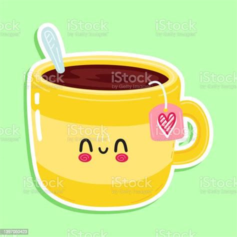 차 스티커 캐릭터의 귀여운 재미있는 노란색 컵 벡터 손으로 그린 만화 카와이 캐릭터 일러스트 레이 션 아이콘 흰색 배경에