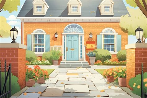 Premium Photo A Colonial Brick House Entrance With A Brick Pathway Magazine Style Illustration