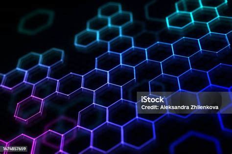 다채로운 육각형 그리드 투시도가 있는 추상적인 어두운 기술 배경 3d 렌더링 0명에 대한 스톡 사진 및 기타 이미지 0명