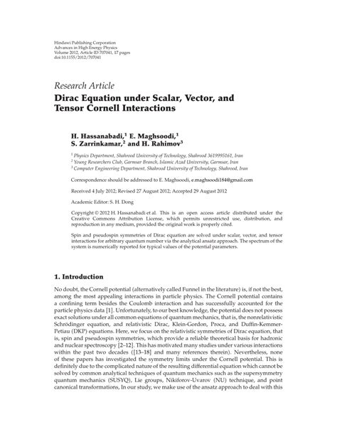 Pdf Dirac Equation Under Scalar Vector And Tensor Cornell Interactions