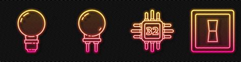 마이크로 회로 Cpu 아이디어의 개념과 전구 발광 다이오드 및 전기 조명 스위치와 라인 프로세서를 설정합니다 빛나는 네온 아이콘 벡터 Cpu에 대한 스톡 벡터 아트 및 기타