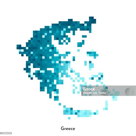 그리스 지도의 단순화된 얼음 파란 실루엣을 가진 벡터 고립된 기하학적 삽화 Nft 템플릿의 픽셀 아트 스타일입니다 디자인을위한 그라디언트 텍스처가있는 점선 로고 0명에 대한