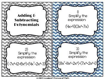 Adding Subtracting Multiplying Polynomials Task Card Bundle TPT