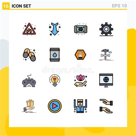 16 Universal Flat Color Filled Line Signs Symbols Of Flip Flops Gear