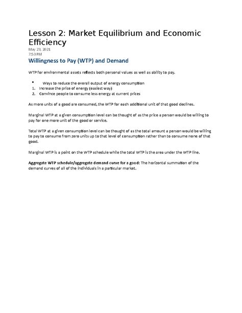Lesson Lecture Notes Lesson Market Equilibrium And Economic Efficiency May