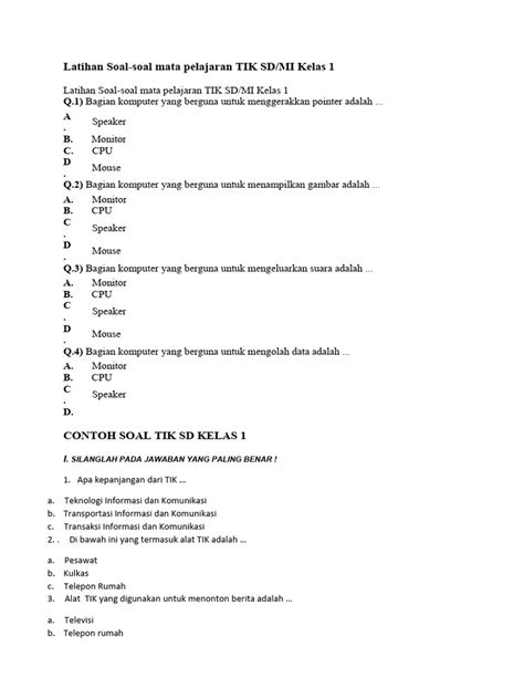 Latihan Soal Soal Mata Pelajaran Tik Sd Pdf