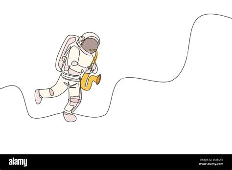 One Continuous Line Drawing Astronaut With Spacesuit Playing Saxophone In Galaxy Universe Outer