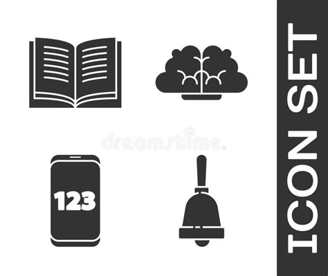Set Ringing Bell Open Book Mobile Calculator Interface And Human Brain Icon Vector Stock