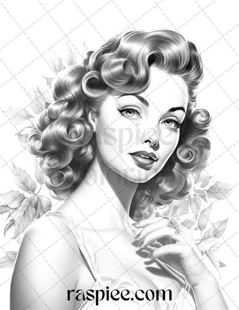 50 Vintage Pin Up Girls Grayscale Coloring Pages Printable For Adults