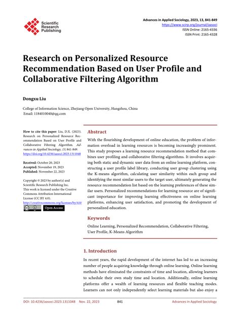 Pdf Research On Personalized Resource Recommendation Based On User
