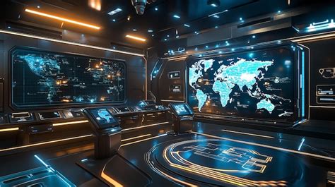 A Holographic Map With Interactive Features And Floating Geographical Markers Set In A Hightech