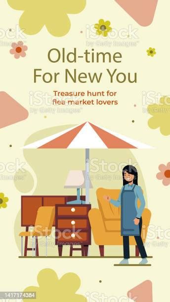 중고 벼룩 시장 이벤트에 대한 플랫 포스트 스토리 세트 벡터 일러스트 레이 션 벼룩 시장에 대한 스톡 벡터 아트 및 기타 이미지