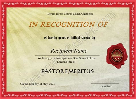 Pastor Emeritus Church Recognition Certificate Customizable