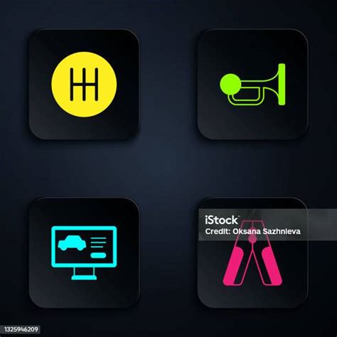 자동차 배터리 점퍼 전원 케이블 기어 시프터 자동차의 진단 조건 및 신호 경적 차량을 설정합니다 검은 색 사각형 버튼 벡터 검은색에 대한 스톡 벡터 아트 및 기타 이미지