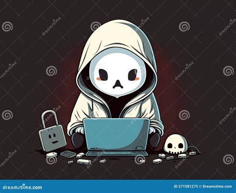 Cute Anonymous Hacker With White Hoodie Using Computer Laptop Concept Of Ethical Hacking