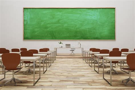 Modern Classroom Interior With Empty Mock Up Chalkboard And Poster Wooden Furniture Daylight