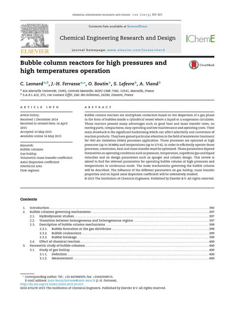 bubble column reactors for high pressures and 2015 chemical engineering