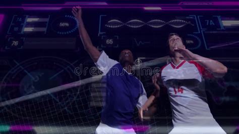 two soccer players jumping for ball with digital data animation overlay