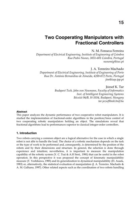 Pdf Two Cooperating Manipulators With Fractional Controllers