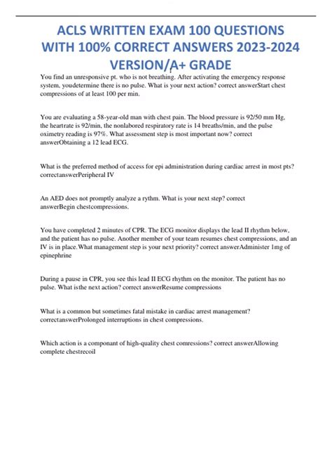 Acls Written Exam 100 Questions With 100 Correct Answers Version A Grade L Acls Stuvia Us