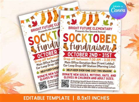 Socktober Fundraiser Flyer Editable Fall Sock Drive Canva Template