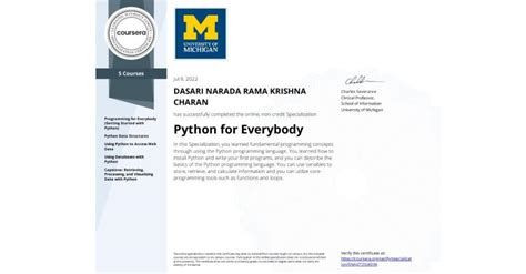 dasari narada rama krishna charan on linkedin completion certificate for python for everybody