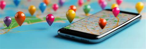 Smartphone Showing Online Map With Colorful Location Pins For