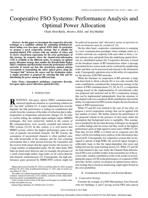 Cooperative Fso Systems Performance Analysis And Optimal Power