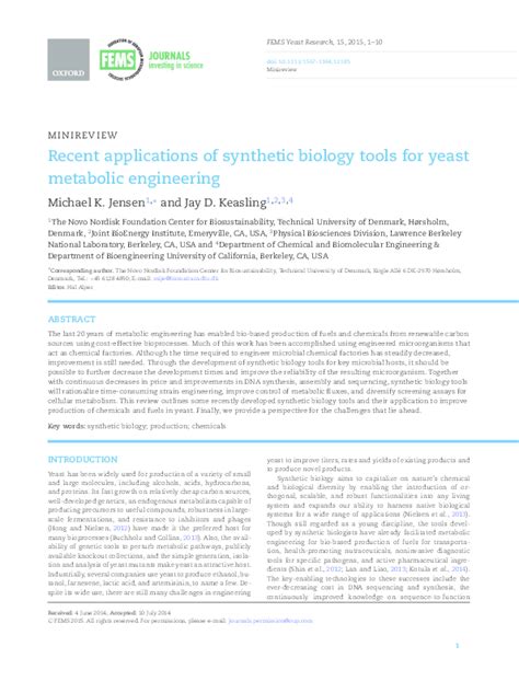 Pdf Recent Applications Of Synthetic Biology Tools For Yeast Metabolic Engineering