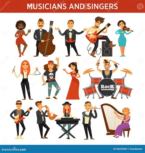 Musicians Rock Jazz And Orchestra Band Singers Musical Instruments Vector Flat Icons Stock