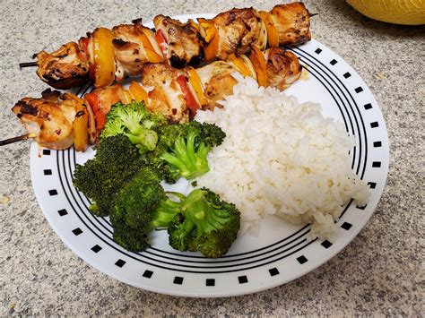 Homemade Honey Ginger Marinated Chicken Kabob With Vegetables Roasted Broccoli And White