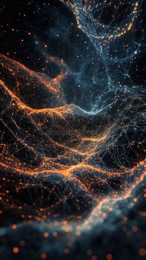 Surreal Design Of Flowing Data Streams With A Network Of Glowing Points In Motion Stock