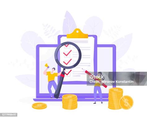 모니터 화면에서 온라인 설문조사 양식 또는 시험 응용 프로그램 클레임 양식 클립보드 및 함께 일하는 작은 사람들 인터넷 설문지