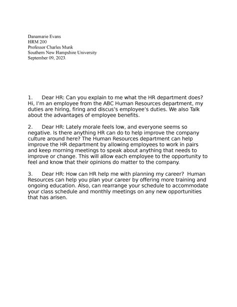 2 2 Assignment Hr Inbox Danamarie Evans Hrm 200 Professor Charles Munk Southern New Hampshire