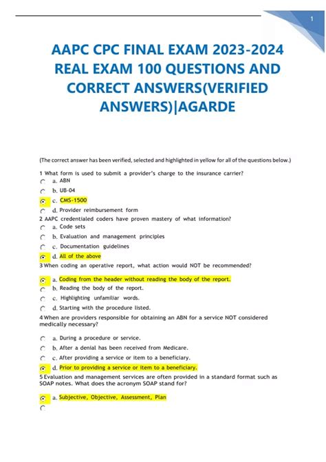 Aapc Cpc Final Exam Real Exam 100 Questions And Correct Answers Verified Answers Agarde Aapc