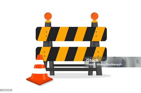 교통 도로 장벽 도로 폐쇄 경고 장벽 건설 페이지에있는 웹 사이트에 대한 플랫 벡터 일러스트레이션 경고 및 정지 표지판 도로 공사 교통 바리케이드 및 원뿔 안전 바리케이드
