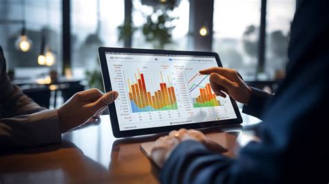 Business People Analyzing Financial Data On Tablet Displaying Charts
