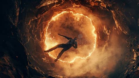 Man Falling Into A Fiery Pit With Glowing Ring Conceptual Surreal Artwork Captures Dramatic