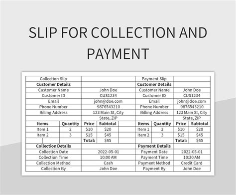 Slip For Collection And Payment Excel Template And Google Sheets File For Free Download Slidesdocs