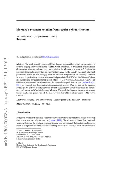 Pdf Mercurys Resonant Rotation From Secular Orbital Elements