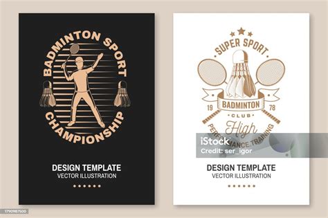 배드민턴 스포츠 빈티지 전단지 포스터 디자인 세트 벡터 배드민턴 라켓 선수 및 셔틀콕 실루엣이 있는 편집 가능한 템플릿 스포츠 경기를 위한 배드민턴 토너먼트 포스터입니다