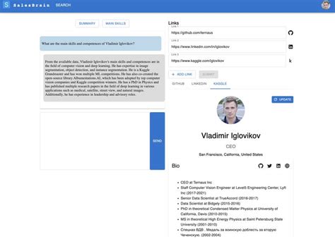 Added Kaggle Profiles And Summary And Main Skills Buttons To The Salesbraintech So