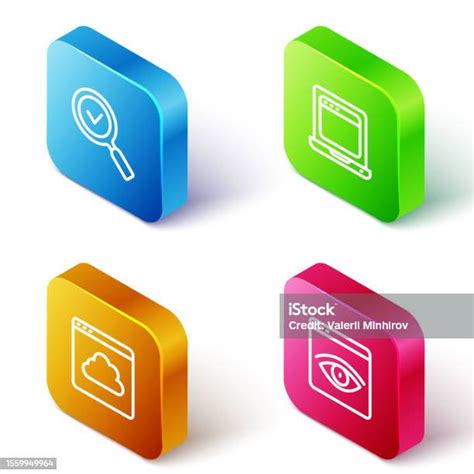 확인 표시가 있는 아이소메트릭 라인 돋보기 노트북 브라우저 창 클라우드 기술 데이터 전송 및 브라우저 시크릿 아이콘을 설정합니다