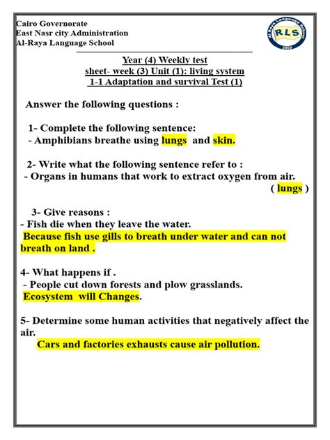 Science Week 3 Eval Answes Pdf Breathing Water