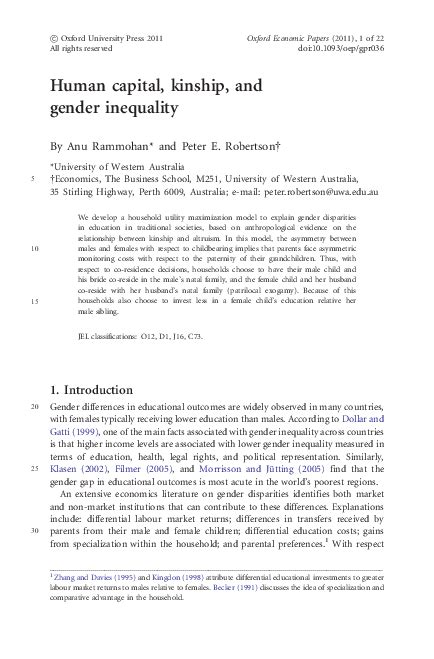 Pdf Human Capital Kinship And Gender Inequality