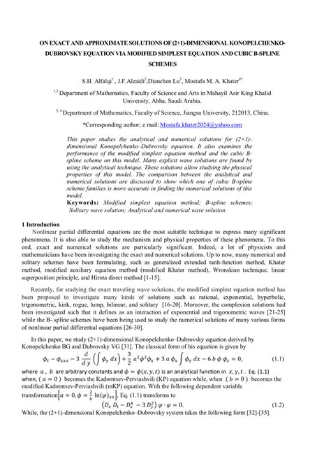 Pdf On Exact And Approximate Solutions Of 21 Dimensional Konopelchenko Dubrovsky Equation